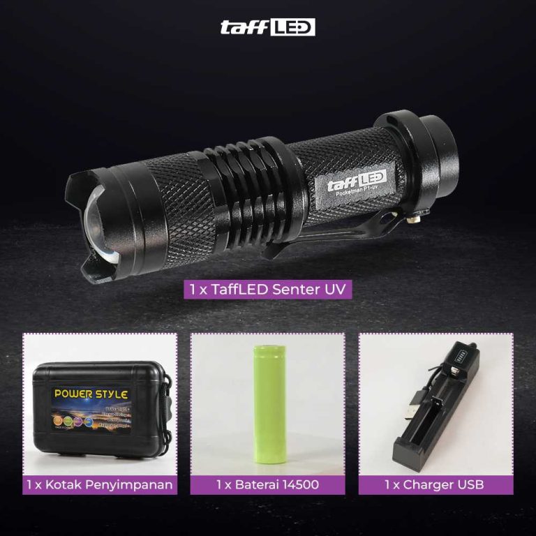 TaffLED Senter LED 395nm Ultraviolet + Baterai + Charger + Box ...