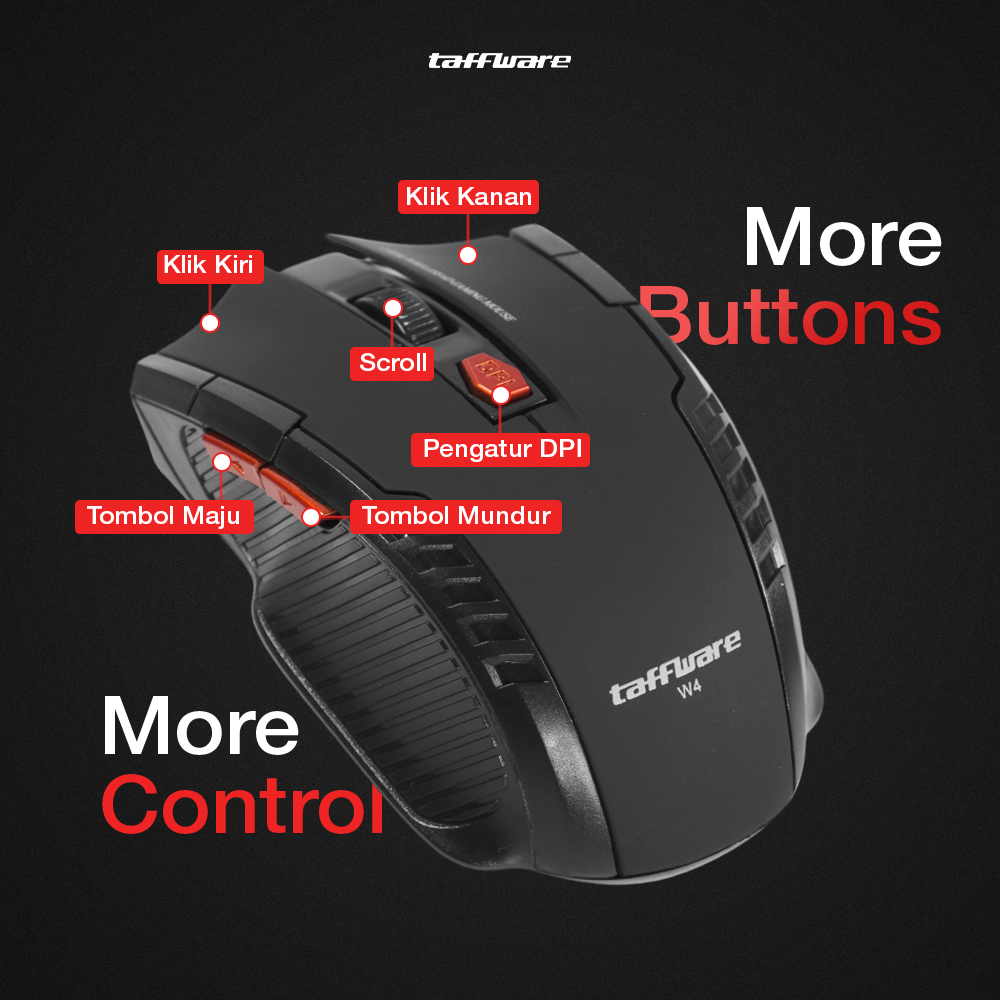 Taffware Mouse Gaming Wireless Optical 2.4GHz Ergonomic 1600DPI - W4 ...