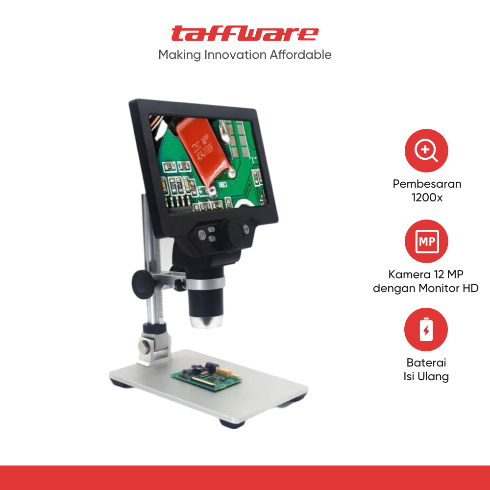 Taffware Mikroskop Digital 12MP 1200X Monitor 7 Inch with Metal Stand ...